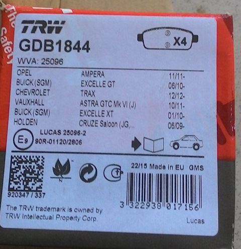 GDB1844 Комплект тормозных колодок, дисковый тормоз для OPEL, VAUXHALL ...