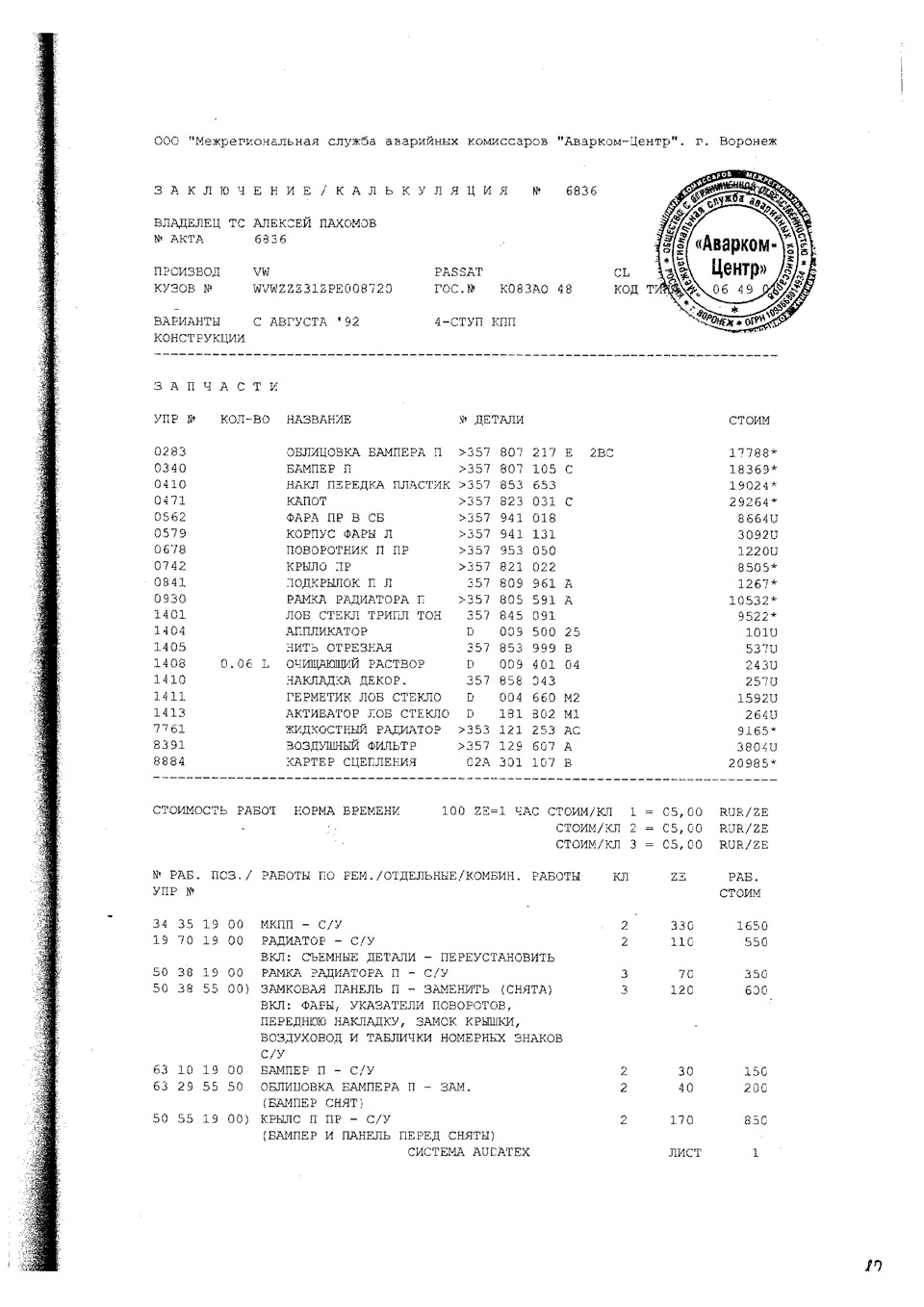 Получил калькуляцию повреждений — Volkswagen Passat B3, 1,8 л, 1993 ...