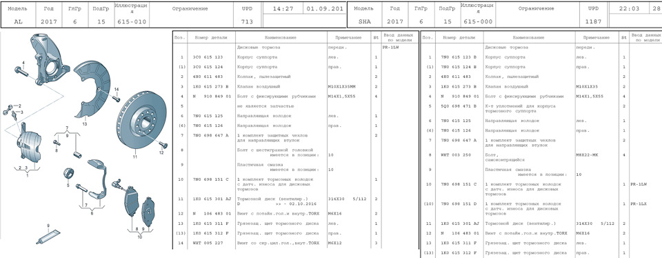OEM номера комплекта передних тормозов размером 314/340 мм платформы ...