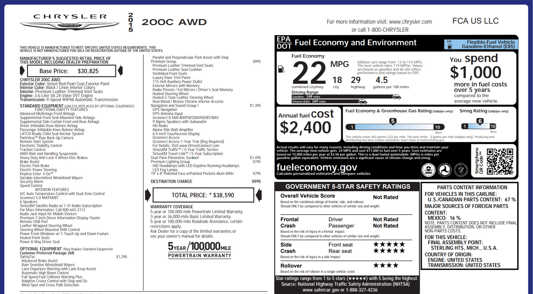 Window sticker на мою машину — Chrysler 200 (2G), 3,6 л, 2015 года ...