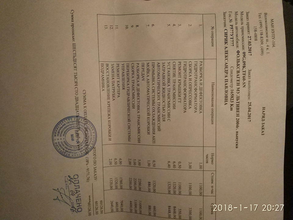 Ремонт АКПП в МАИ — Volkswagen Multivan (T5), 3,2 л, 2004 года | визит ...