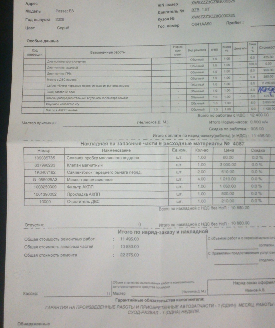 Необходимое ТО — Volkswagen Passat B6, 1,8 л, 2008 года | плановое ТО ...