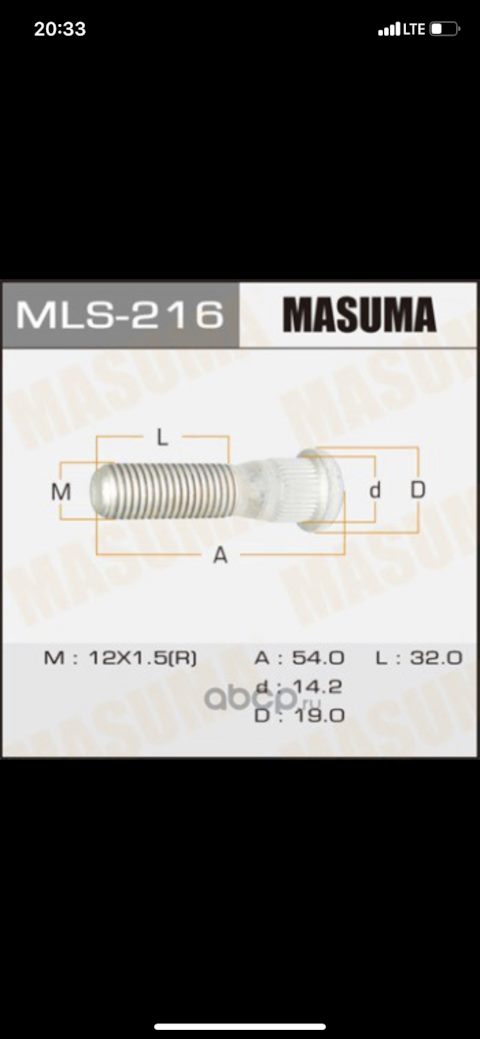 MLS216 Шпилька колесная M12x1.5® MASUMA | Запчасти на DRIVE2