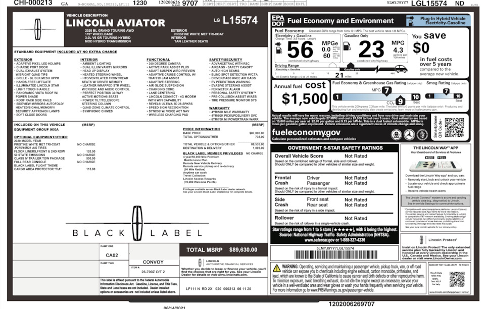 Window Sticker или сколько стоит и что получаем? — Lincoln Aviator (2G ...