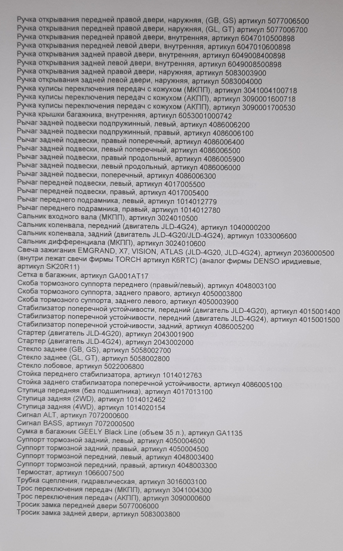 Артикулы (каталожные номера) запчастей Geely Atlas. — Geely Atlas (1G ...