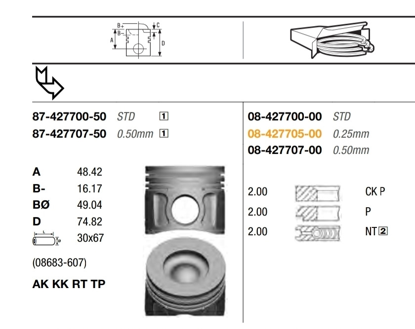 8742770050 Поршнекомплект Ford Ranger (TKE)/Transit (RWD) 2.2 TDCi d86 ...