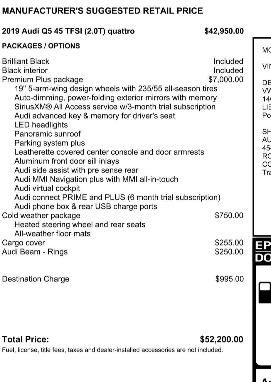 Monroney Label (window sticker) — Audi Q5 (2G), 2 л, 2019 года | другое ...