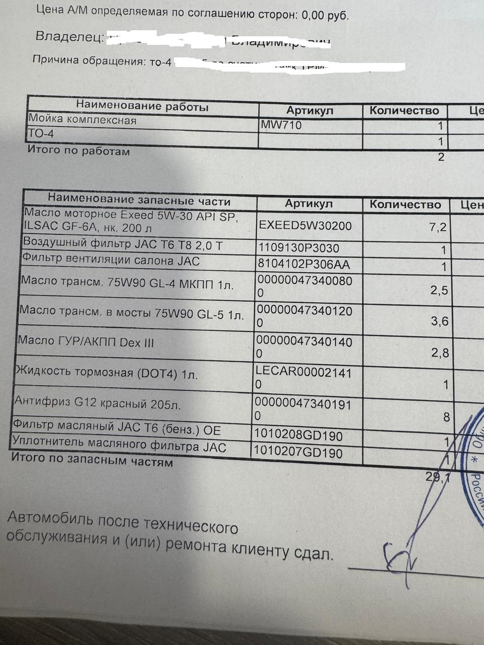 40000 км за год — JAC T8 Pro, 2 л, 2024 года | плановое ТО | DRIVE2