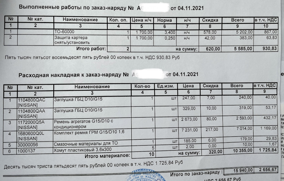 ТО-4 (у официального дилера) — Nissan Almera V (G11/15), 1,6 л, 2018 ...