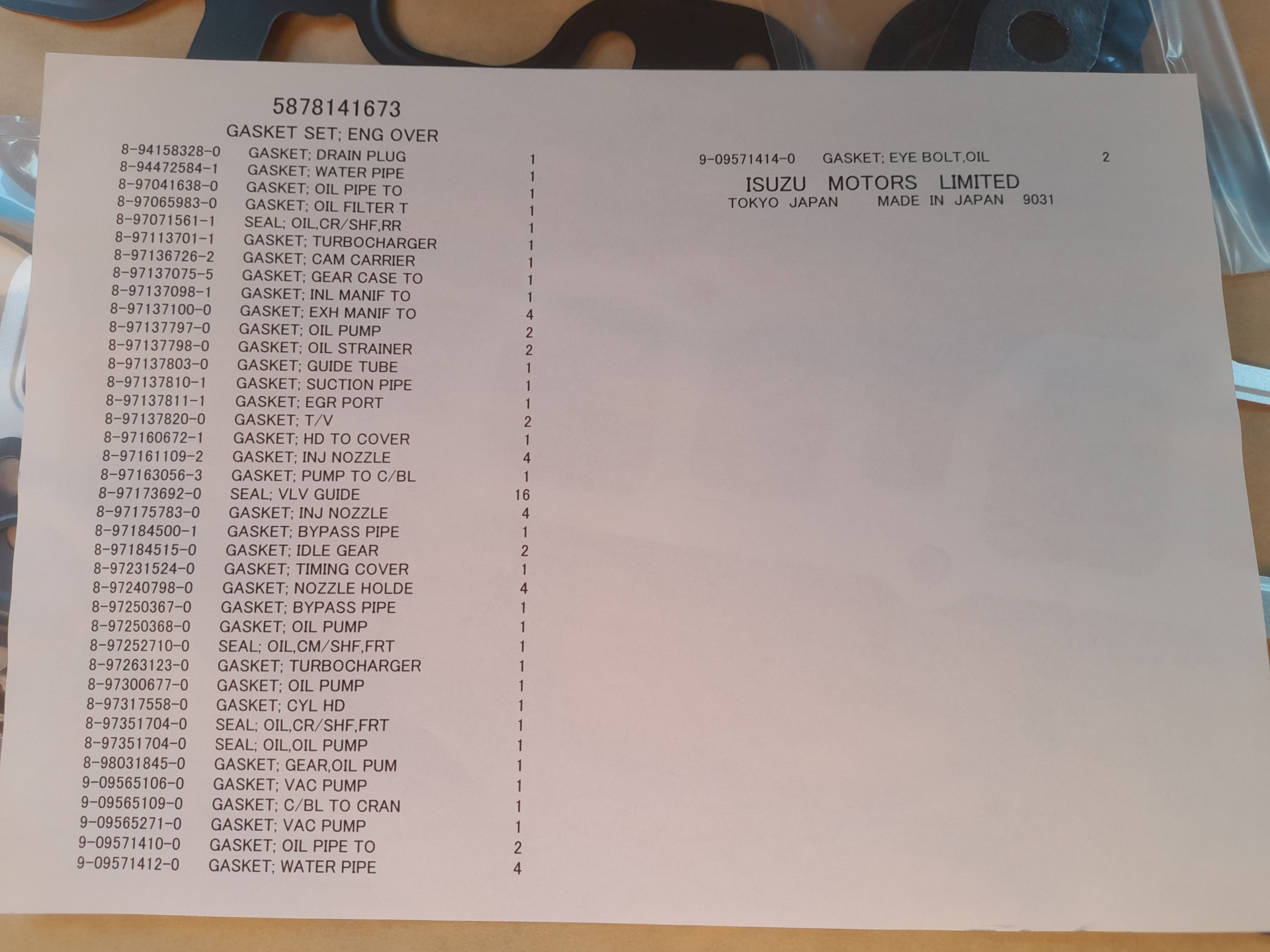 Состав комплекта прокладок двигателя 4JX1 5-87814167-3 — Isuzu Trooper ...