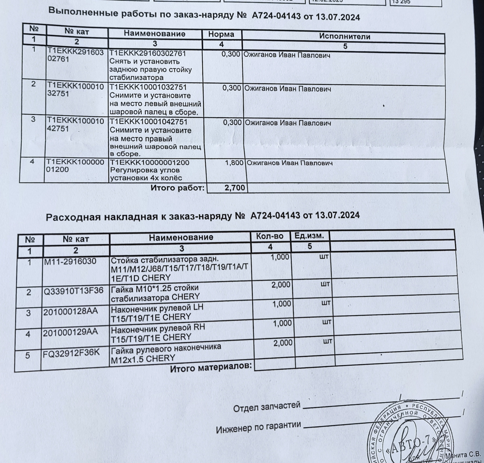 Первое обращение по гарантии — Chery Tiggo 7 Pro, 1,5 л, 2022 года ...