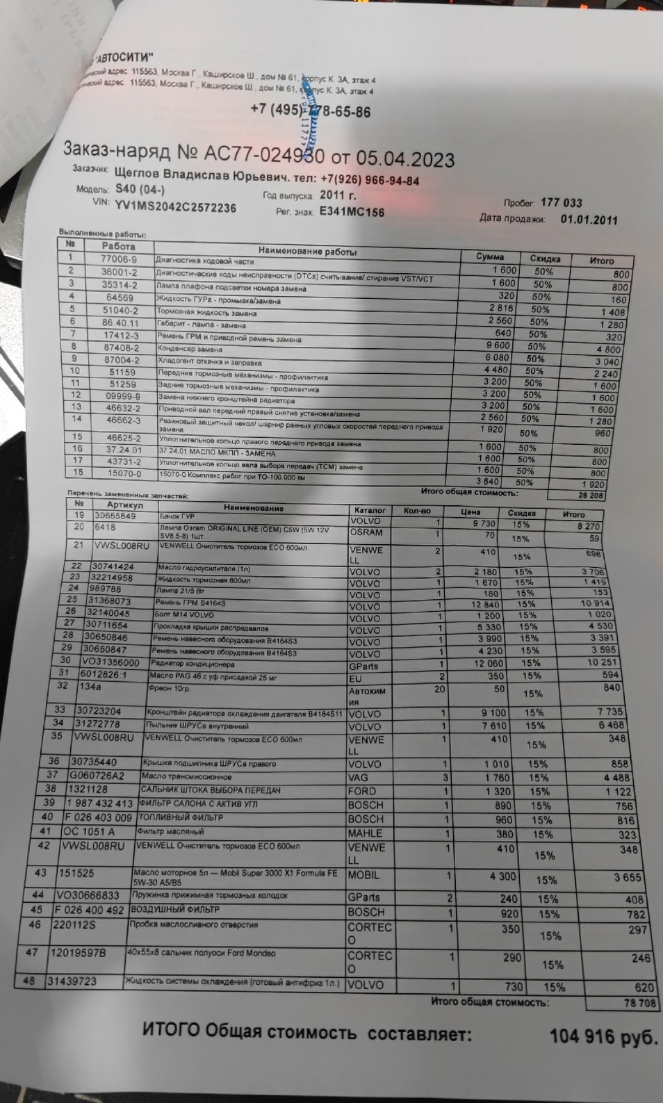 Итоги по автосервису — Volvo S40 (2G), 1,6 л, 2011 года | визит на ...