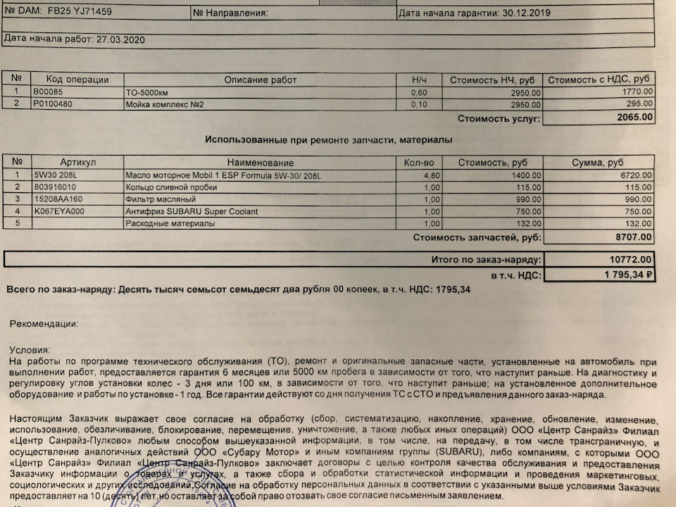 ТО-0 — Subaru Forester (SK), 2,5 л, 2019 года | визит на сервис | DRIVE2