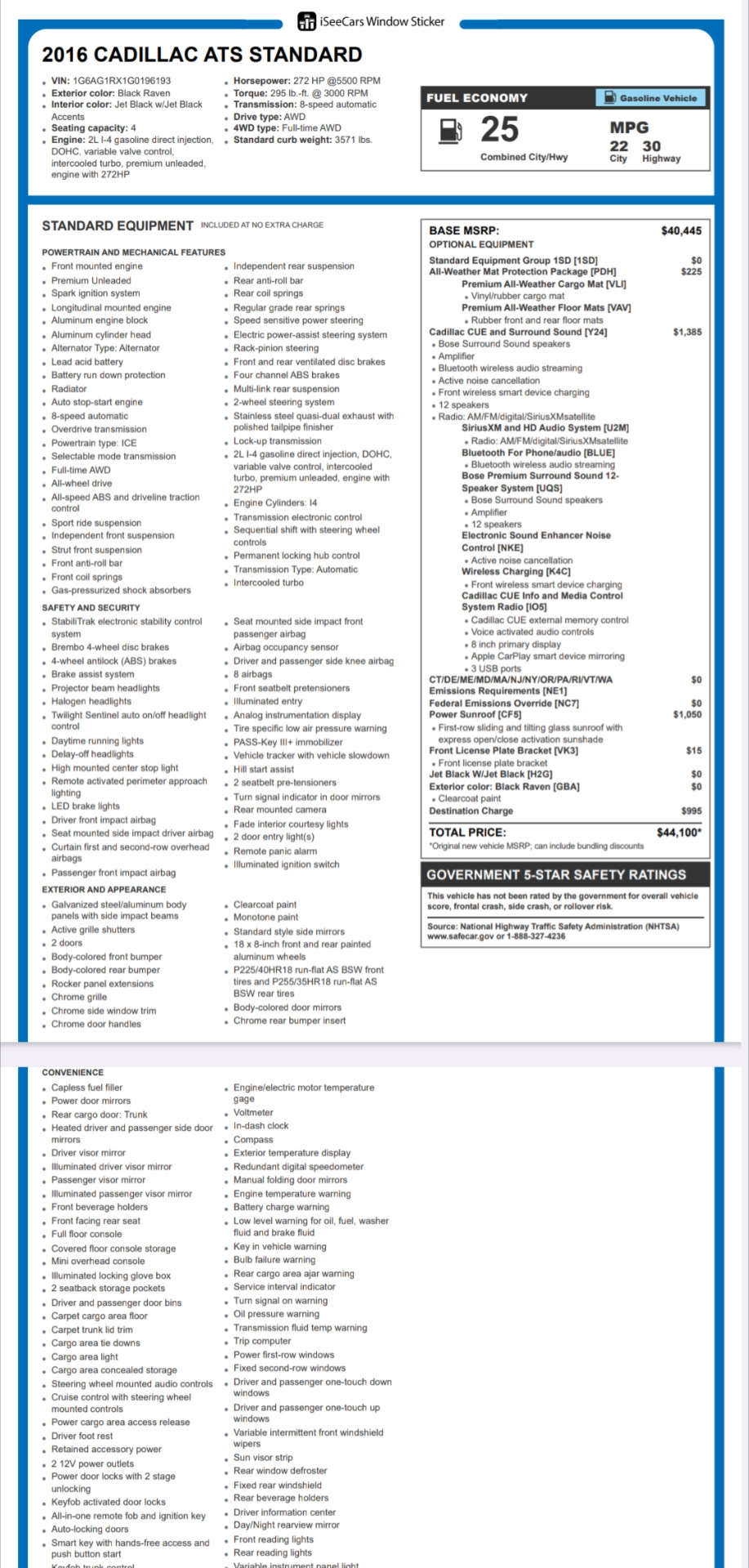 Window Sticker — Cadillac ATS Coupe, 2 л, 2016 года | наблюдение | DRIVE2