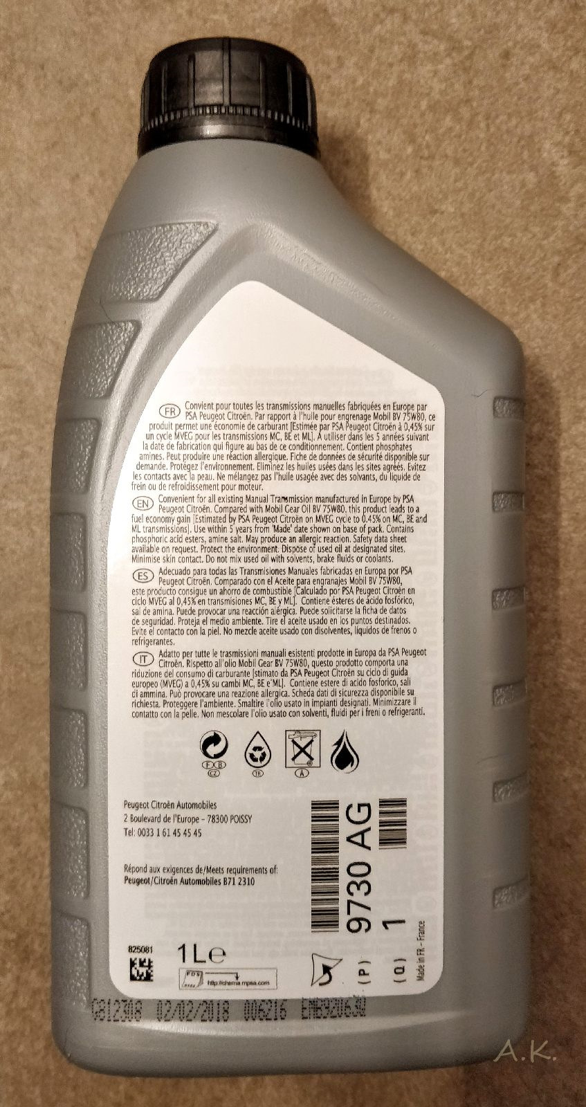 9730AG МАСЛО BV MANUELLE/HUILE BV MANUELLE 75W-80 1 L Peugeot Citroen ...