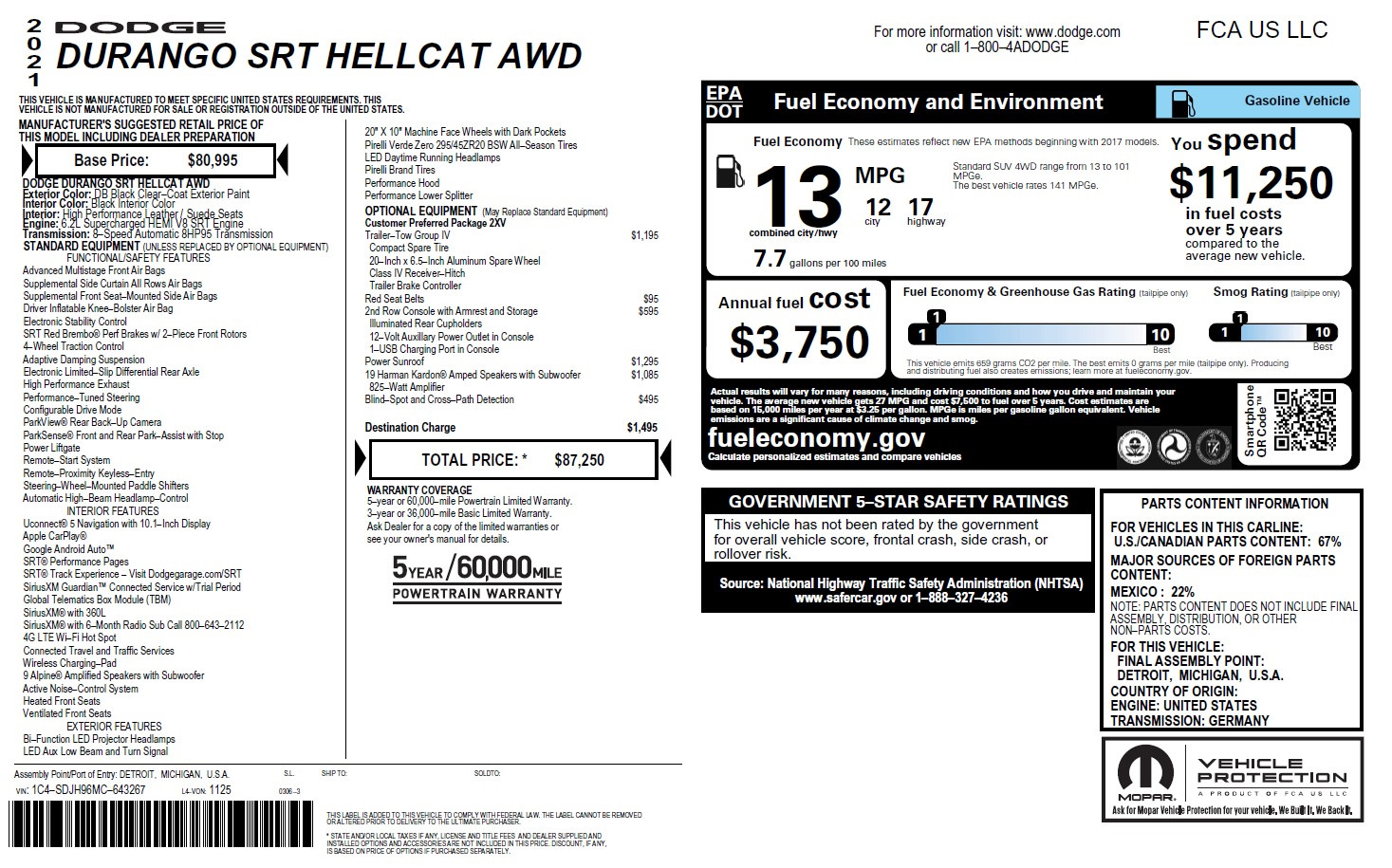 Windows sticker, комплектация — Dodge Durango III, 6,2 л, 2021 года ...