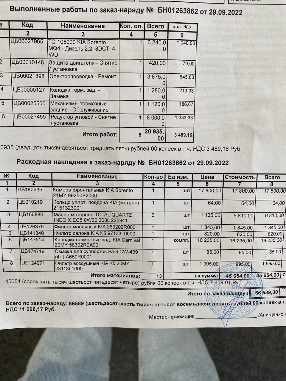 замена камеры и ТО — KIA Sorento (4G), 2,2 л, 2020 года | плановое ТО ...