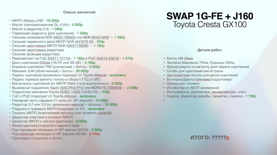 3. Финал — свап j160 + 1G-FE — Toyota Cresta (100), 2 л, 1997 года ...